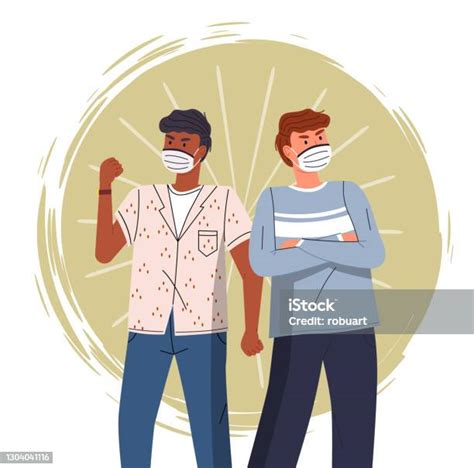 바이러스 확산에 항의 얼굴 의료 마스크를 착용 두 믹스 경주 남자 세계 Epidemy 가공의 인물에 대한 스톡 벡터 아트 및