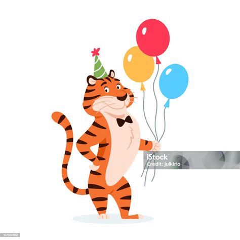 흰색 배경에 격리된 다채로운 풍선이 있는 생일 모자를 쓴 만화 사랑스러운 웃는 호랑이 귀여운 행복 한 오렌지 야생 고양이입니다