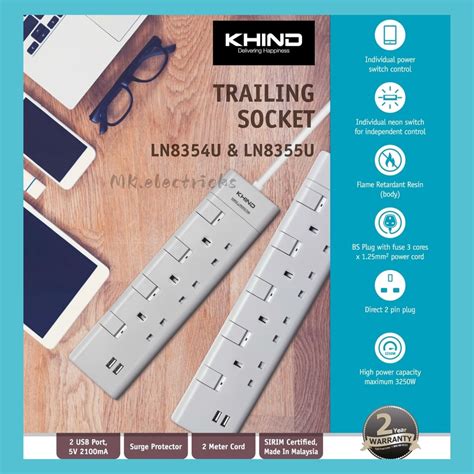 Khind Extension Plug Trailing Socket 【model Ln8354v】2 Usb Port 3way 2meter Wire Extension