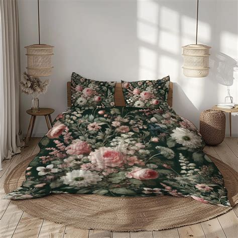 Floral Bedding Set Dark Green Rose Blush And Ivory Duvet Cover With
