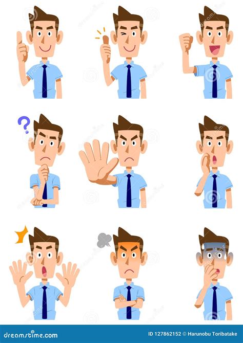Nine Types Of Gestures And Facial Expressions Of A Male Stock Vector