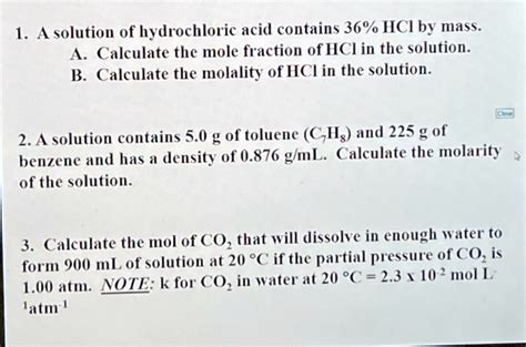 Solved A Solution Of Hydrochloric Acid Contains 36 Hcl By Mass A