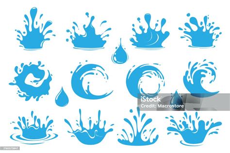 물 스플래쉬 세트 요소 플랫 그래픽 디자인 푸른 액체 흐름과 파도의 물체를 떨어지는 물방울 깨끗한 아쿠아 붓기 원 운동의 역동적 인 유체 흐름으로 묶습니다 벡터 일러스트