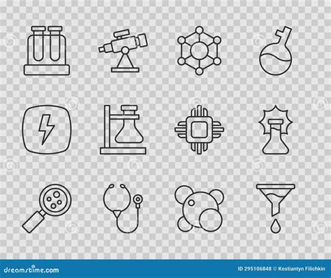 Set Line Microorganisms Under Magnifier Funnel Filter Molecule Stethoscope Test Tube Flask