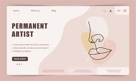 영구 마스터 방문 페이지 템플릿 입술 문신 미용실 우아한 여성 입술 실루엣 컬러 반점에 손으로 그린 윤곽선 여자 얼굴 한 선 스타일의 추상 벡터 그림 권위에 대한 스톡 벡터