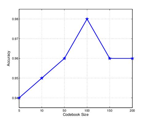 the classification performance with respect to the codebook size