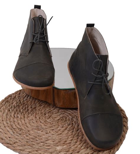Women Wide Zero Drop Barefoot Greasy Khaki Leather Boots Handmade