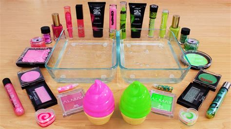 Pink Vs Green Mixing Makeup And Eyeshadow Into Satisfying Slime Asmr