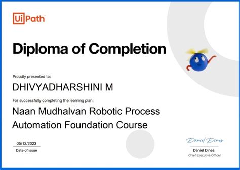 Completed Naan Mudhalvan Robotic Process Automation Course Dhivyadharshini M Posted On The