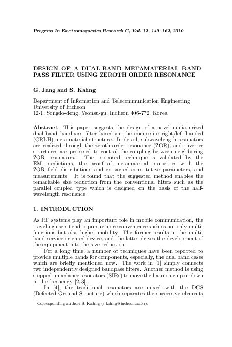 Pdf Design Of A Dual Band Metamaterial Band Pass Filter Using Zeroth Order Resonance Jinwu