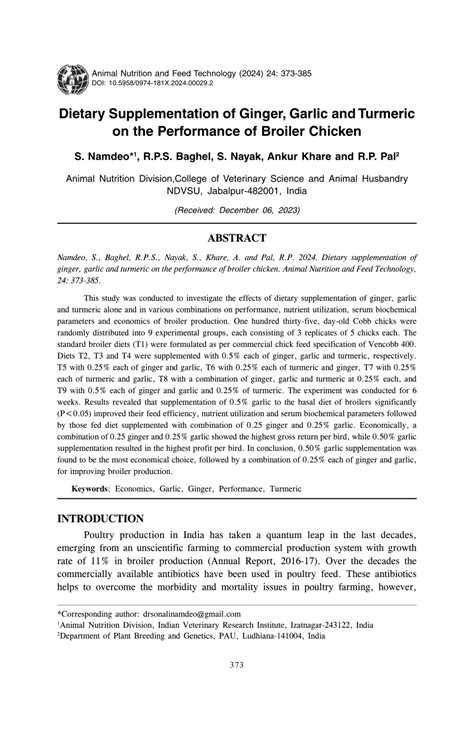 Pdf Dietary Supplementation Of Ginger Garlic And Turmeric On The Performance Of Broiler Chicken
