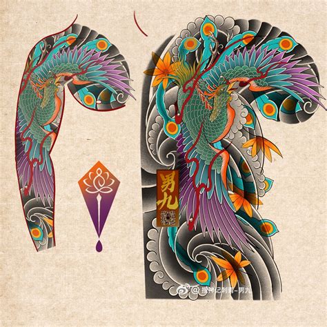凤凰花臂花臂手稿老传统纹身传统花臂纹身phoenix Tattooarm Tattoo男九原创