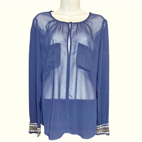 Carmen Marc Valvo Tops Carmen Marc Valvo Navy Blue Sheer Blouse