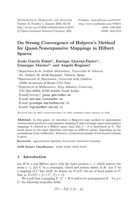 Pdf On Strong Convergence Of Halperns Method For Quasi Nonexpansive Mappings In Hilbert Spaces