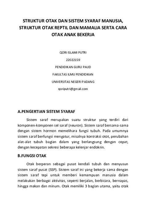 Pdf Struktur Otak Dan Sistem Syaraf Manusia Struktur Otak Reptil Dan