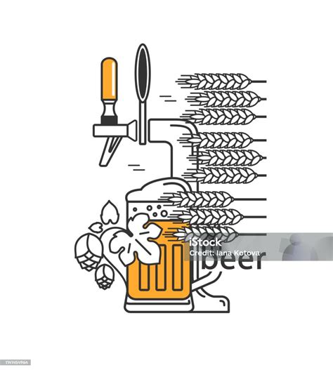 맥주 머그잔 밀 및 홉 맥주 탭이 있는 아이콘입니다 현대적인 선 스타일의 흰색 배경에 고립 된 요소 양조장 크 래 프 트 맥주