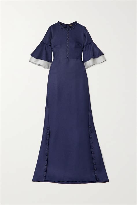 Reem Acra Button Embellished Ruffled Two Tone Satin Piqué Gown In Blue