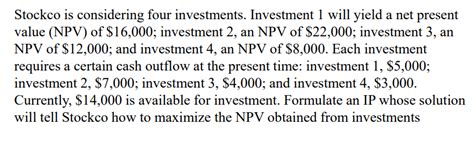 Solved Stockco Is Considering Four Investments Investment 1 Chegg
