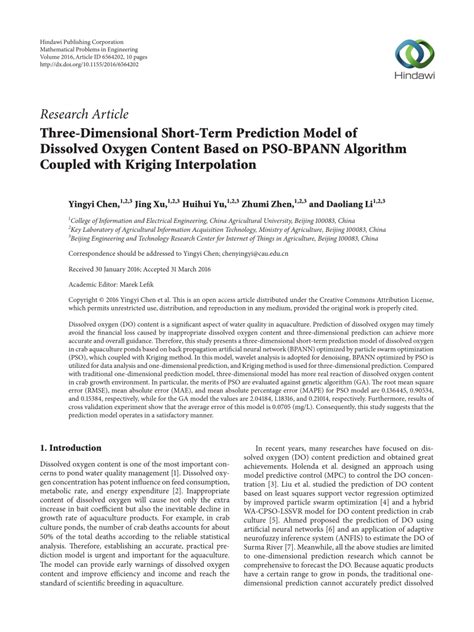 Pdf Three Dimensional Short Term Prediction Model Of Dissolved Oxygen