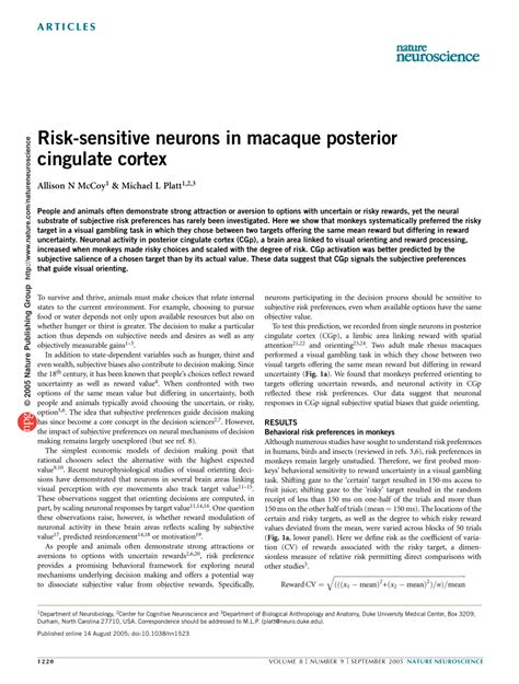 Pdf Risk Sensitive Neurons In Macaque Posterior Cingulate Cortex