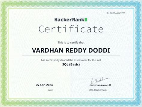 Vardhan Reddy Doddi On Linkedin Sqlcertification Hackerrank