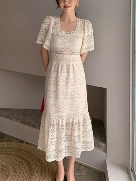 Jodie ชุดเดรสสั้นมีปกสี่เหลี่ยมสำหรับเด็กผู้หญิงสไตล์เกาหลีชุดเดรสปาร์ตี้แบบเย็บปักลูกไม้ชุดเดรส