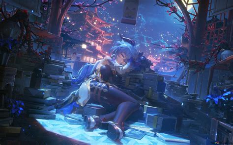Anime Girl Ganyu Slowing Down Over The Bundle Of Books Genshin Impact K Wallpaper Download