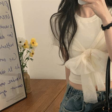 보니 메쉬 리본 크롭 반팔티3color 에이블리