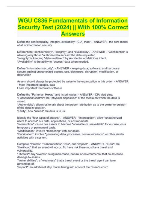 Wgu C836 Fundamentals Of Information Security Test 2024 With 100 Correct Answers Wgu