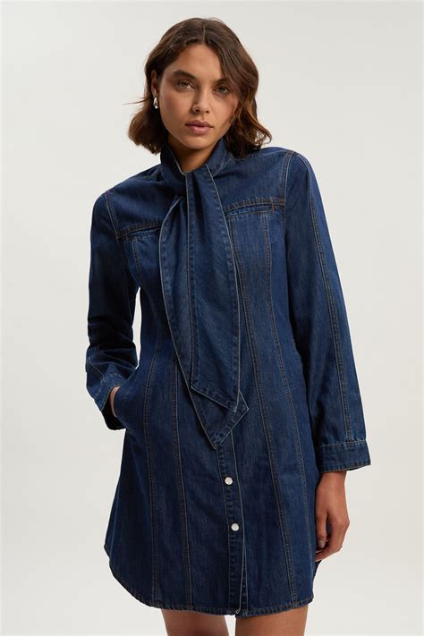 Mid Blue Denim Pussy Bow Shirt Dress Karen Millen