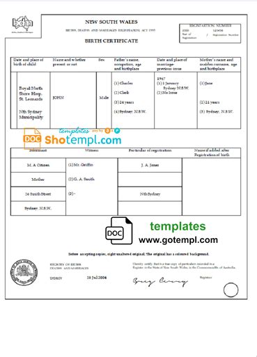 Australia New South Wales Birth Certificate Fake Template In Word Format Version