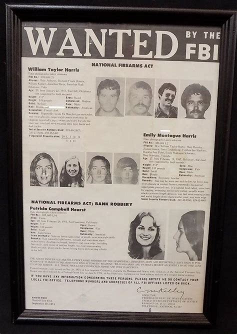 Framed Patty Hearst Fbi Wanted Poster Sep 18 1974 Lot 234 1788447961