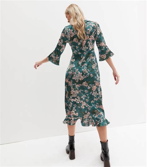 Gini London Green Floral Satin Frill Midi Wrap Dress Shopstyle