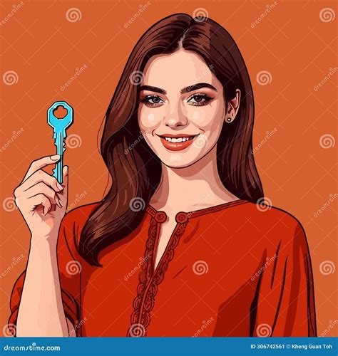 Young Woman Holding Key Celebrating Success And Achievement Vector