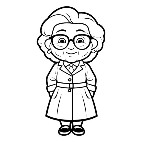 할머니 또는 할머니 캐릭터의 흑백 만화 일러스트레이션 컬러링 책 프리미엄 벡터