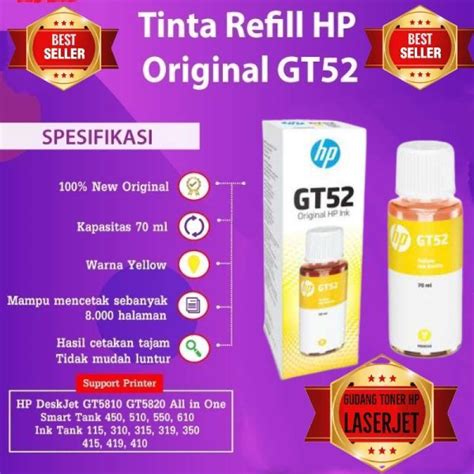 Jual HP GT52 Color Ink ORIGINAL GT 52 Colour Tinta Warna HPGT52_ YELLOW ...