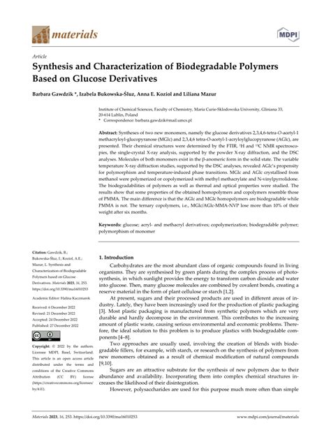 Pdf Synthesis And Characterization Of Biodegradable Polymers Based On Glucose Derivatives