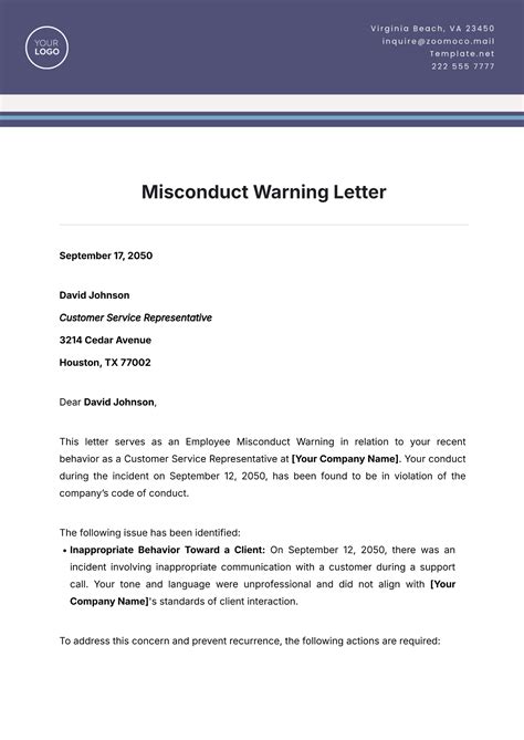 Free Verbal Warning Letter For Employee Misconduct Template To Edit Online