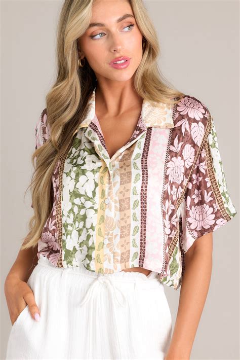 Light Pink Tropical Print Button Front Crop Top All Tops Red Dress