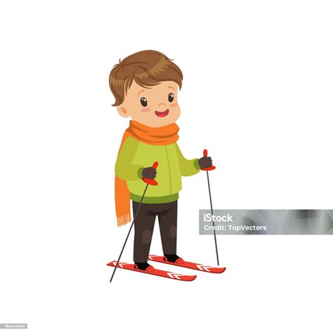 귀여운 보 스키 겨울 스포츠 및 야외 활동 개념 벡터 일러스트는 흰색 바탕에 가족에 대한 스톡 벡터 아트 및 기타 이미지