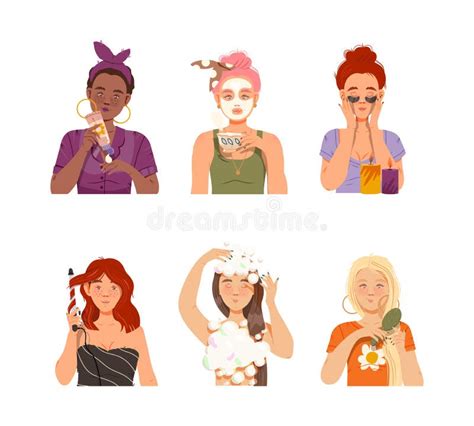 Collection Of Girls Applying Facial Mask And Cream Washing Combing