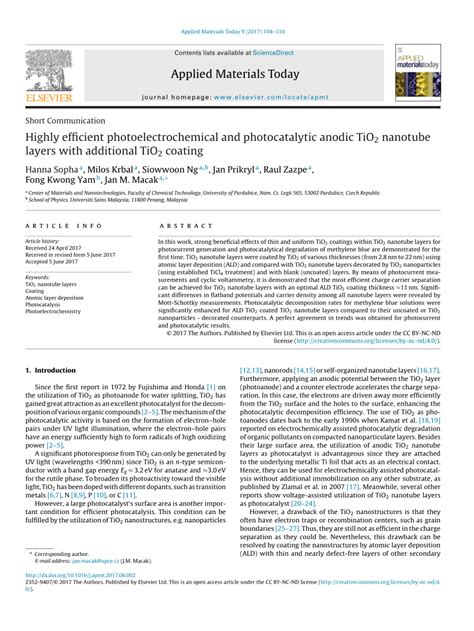 Pdf Highly Efficient Photoelectrochemical And Photocatalytic Anodic Tio Nanotube Layers With