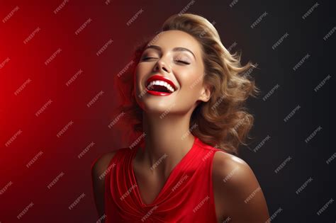 Premium Photo Smiling Woman In Red Dress Laughing And Smiling