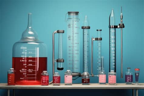 Medisch Glaswerk Met Rode Vloeistof En Spuiten Op Blauwe Achtergrond