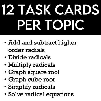 Radical Functions Entire Unit Practice Task Card Activity Level