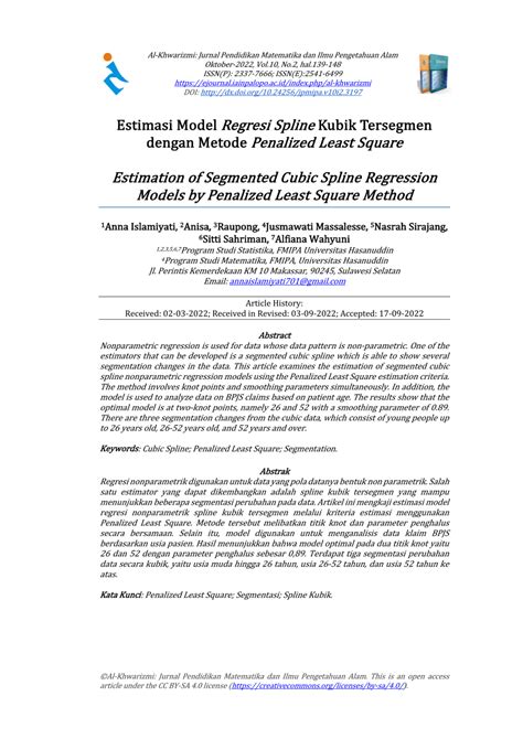 Pdf Estimasi Model Regresi Spline Kubik Tersegmen Dengan Metode