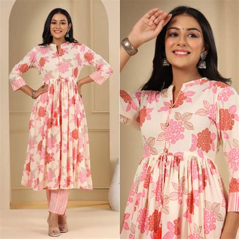 White And Pink Floral Printed Pure Cotton Kurti Pant Set