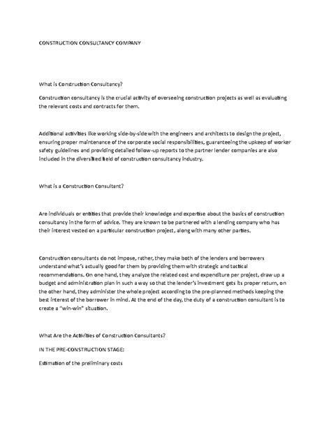Construction Consultancy Company Notes Construction Consultancy
