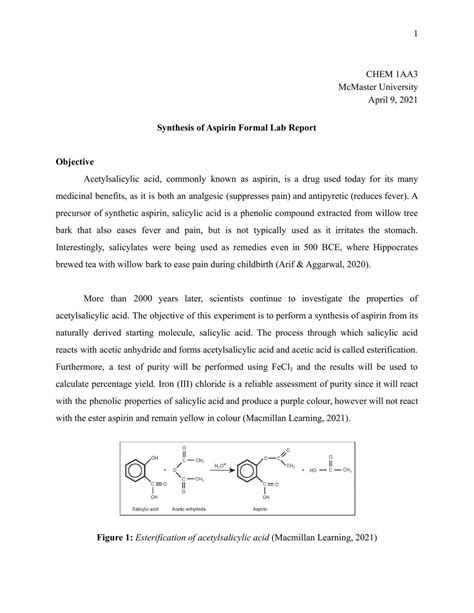 Synthesis Of Aspirin Formal Lab Report Chem 1aa3 Introductory Chemistry Ii Mcmaster