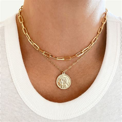 18k Gold Filled Link Necklace Set Gold Coin Necklace Link Paperclip